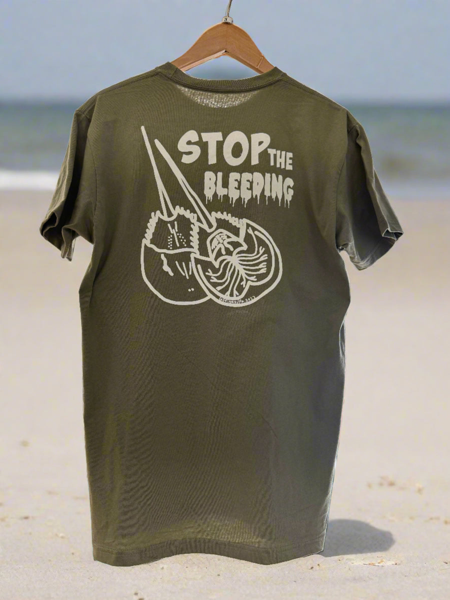"Stop the Bleeding" Horseshoe Crab Tee Shirt - Olive Green – Fenwick ...