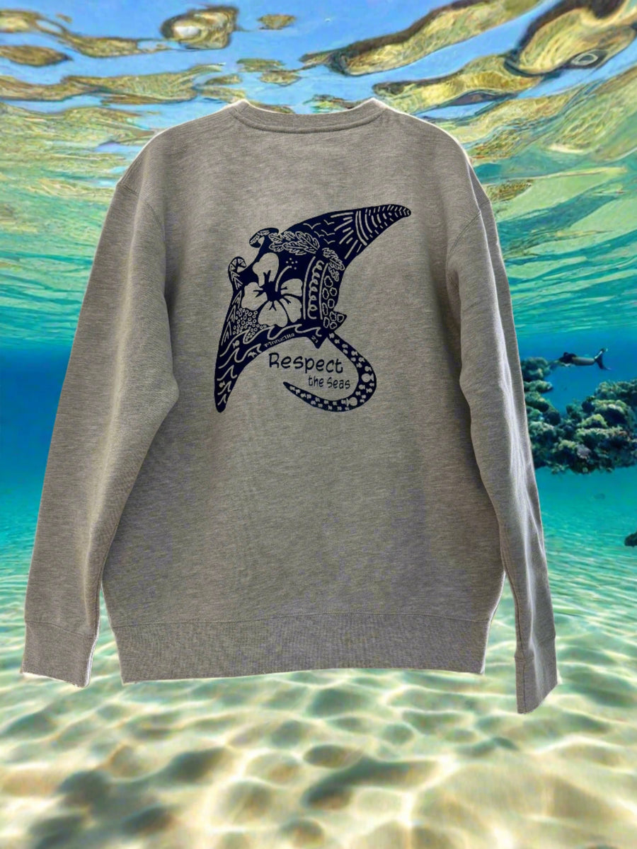 "Respect the Seas" Manta Ray - Crew Neck Sweatshirt - Heather Gray ...