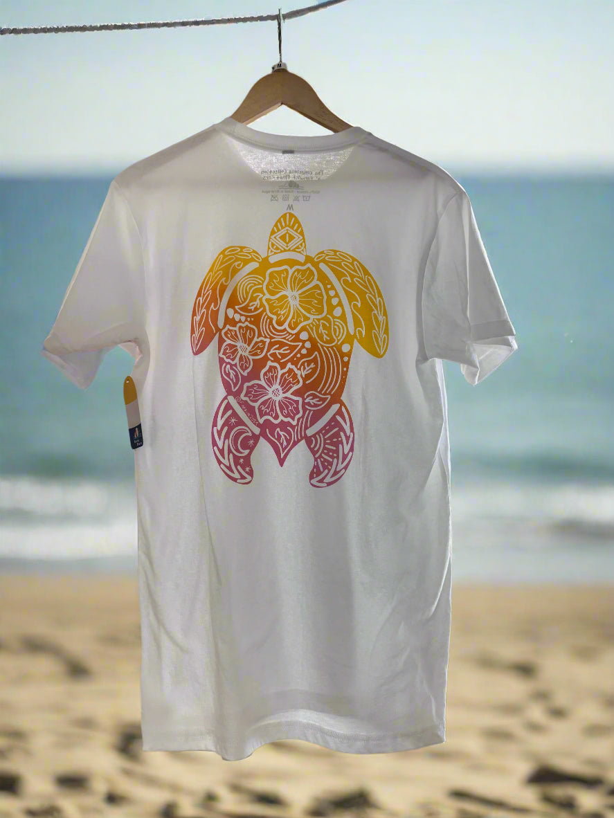 "Respect the Seas" Pink Fade Turtle Tee Shirt - White – Fenwick Float-ors