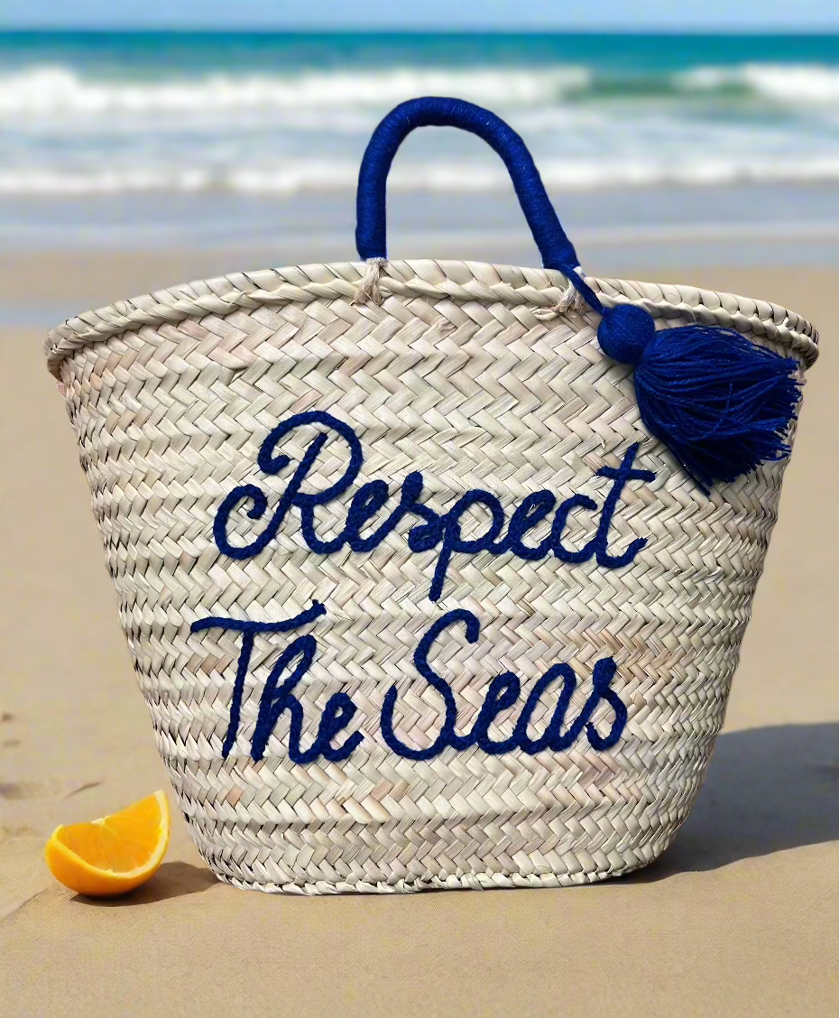 Navy "Respect the Seas" Blue Hand Woven Straw Basket Bag Tassels ...