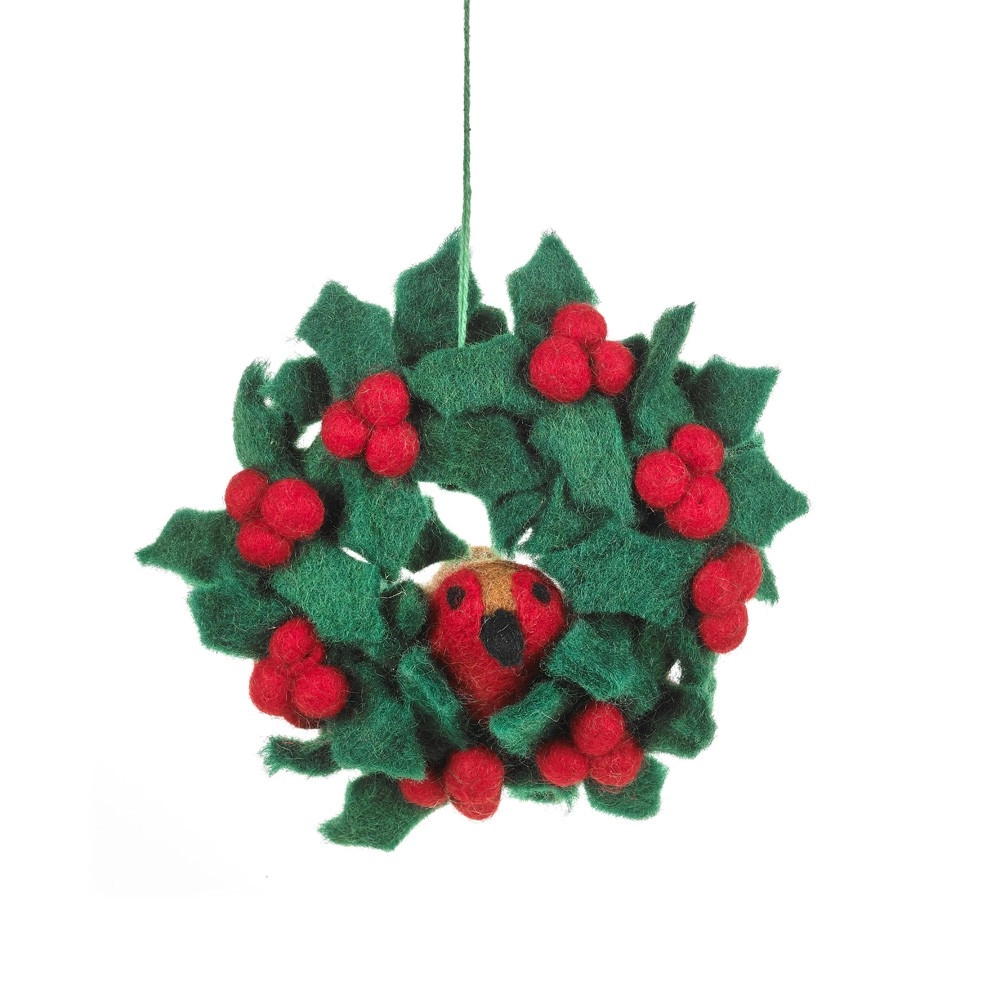 Holly Mini Wreath with Robins Handmade Biodegradable Felt Ornament ...